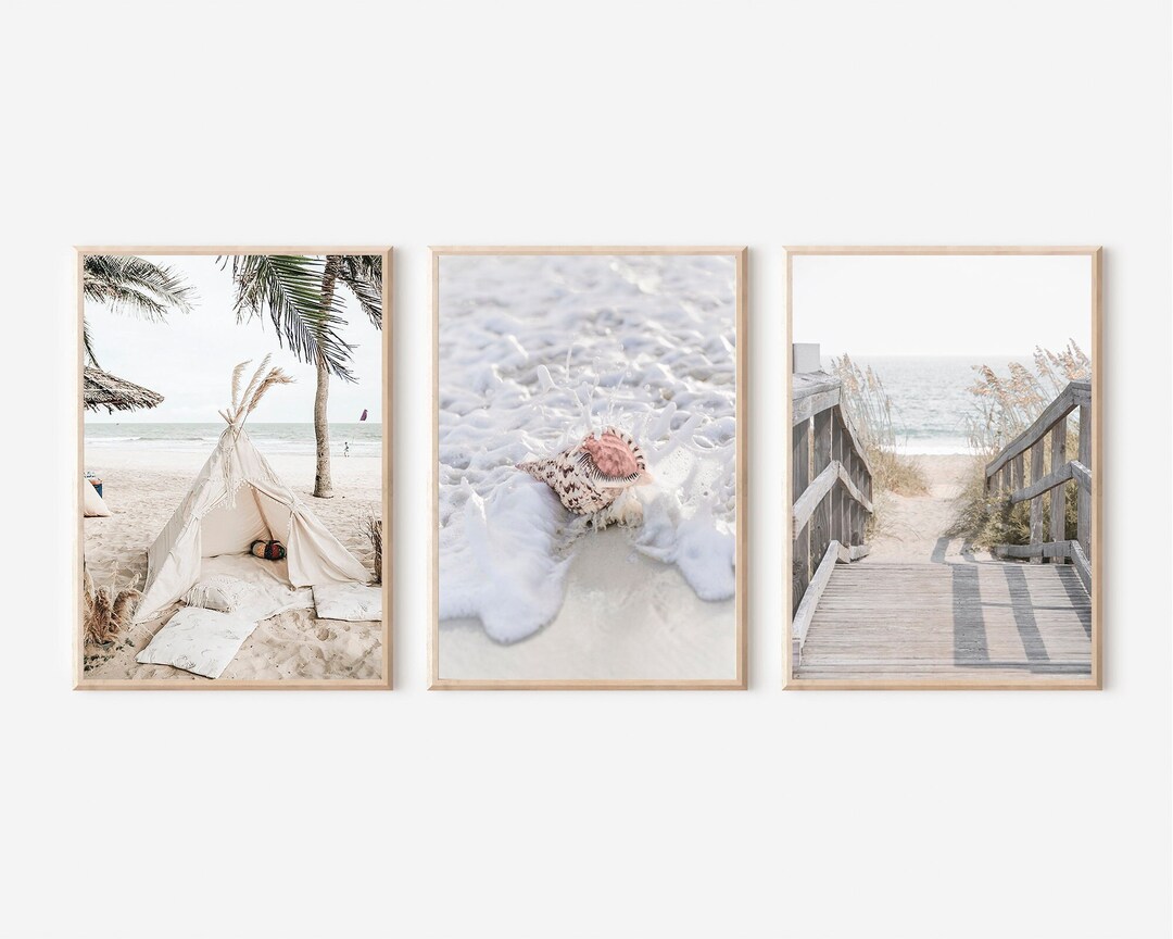 Neutral Beach Print Set of 3, Coastal Art Prints, Pampas Grass Print ...