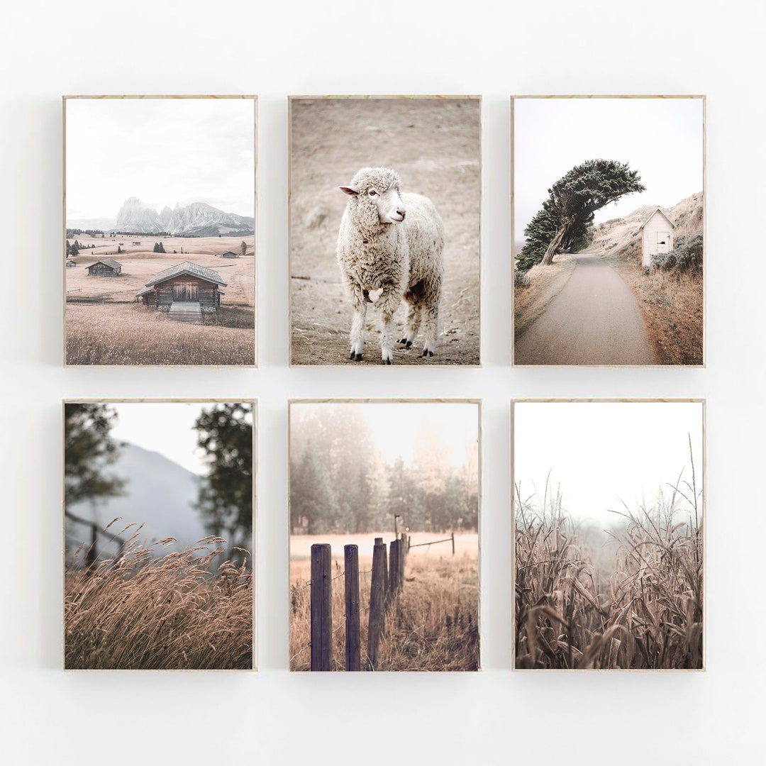 Rustic Farmhouse Landscape Print Set, Sheep and Wheat Field Decor (PDF ...