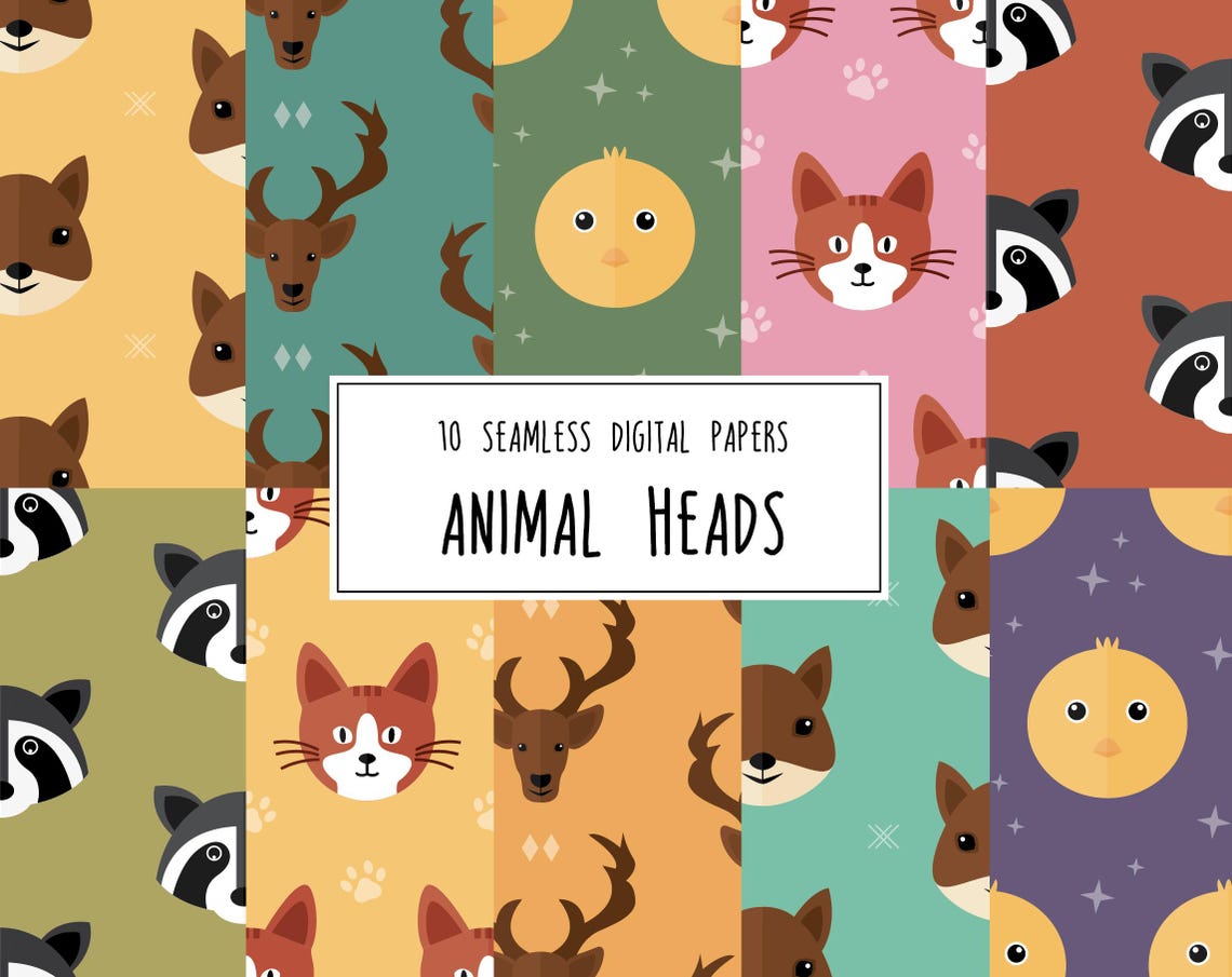 10 Animal Heads Digital Papers, Seamless Pattern, Background, Scrapbook ...