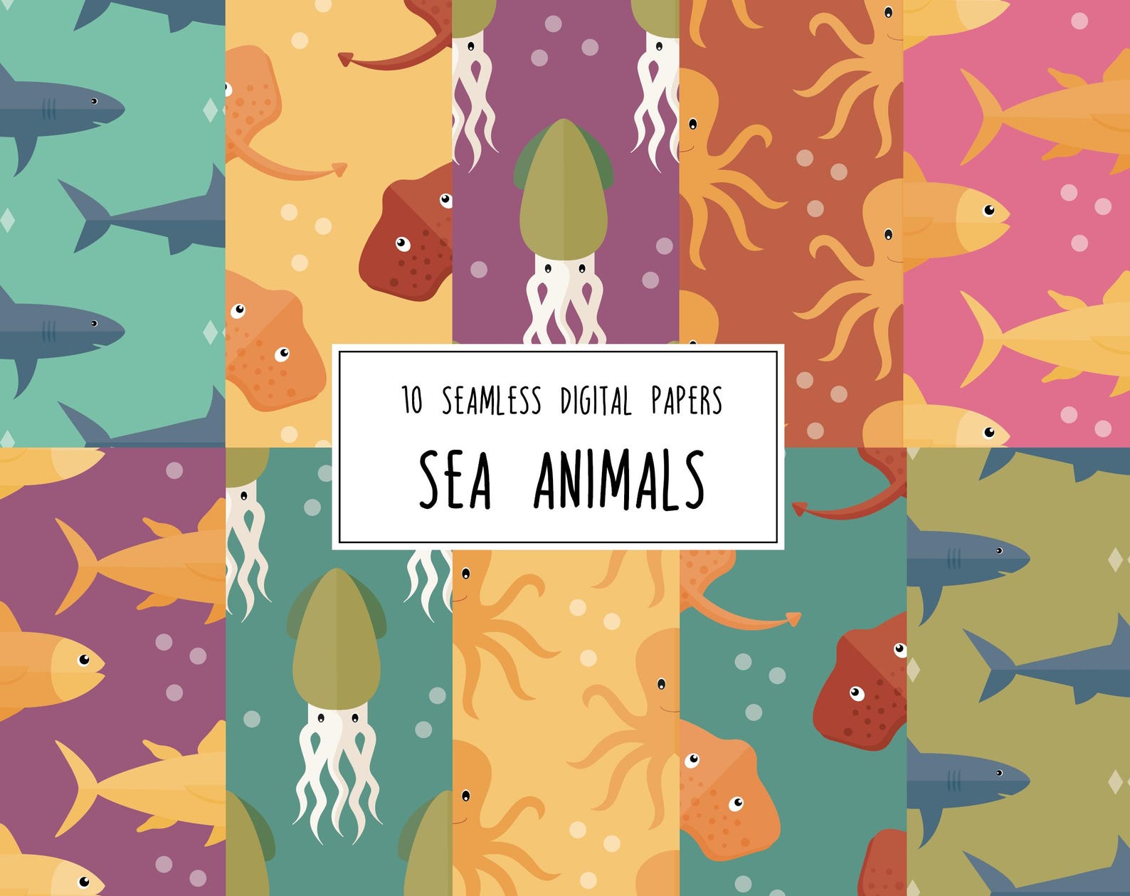 10 Sea Animals Digital Papers, Seamless Pattern, Background, Scrapbook ...