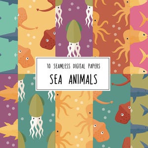 10 Sea Animals Digital Papers, Seamless Pattern, Background, Scrapbook ...