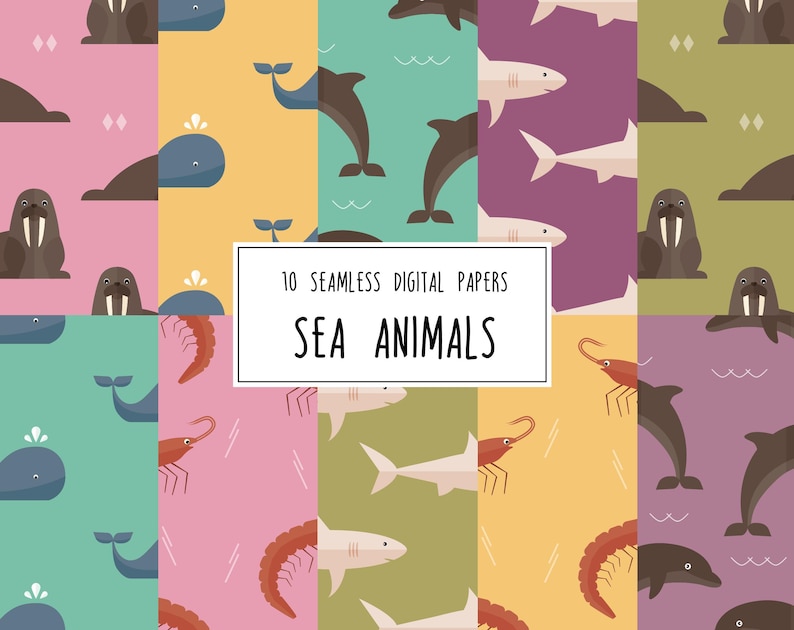 10 Sea Animals Digital Papers, Seamless Pattern, Background, Scrapbook ...