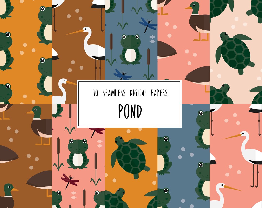 10 Pond Animals Digital Papers, Seamless Pattern, Background, Scrapbook ...