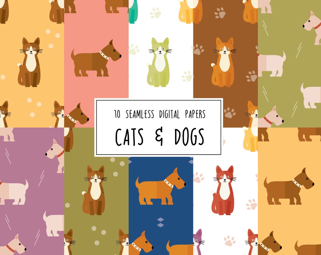 10 Cats and Dogs Animals Digital Papers, Seamless Pattern, Background ...