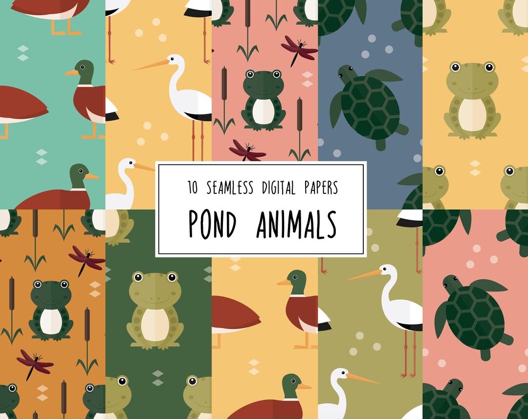 10 Pond Animals Digital Papers, Seamless Pattern, Background, Scrapbook ...
