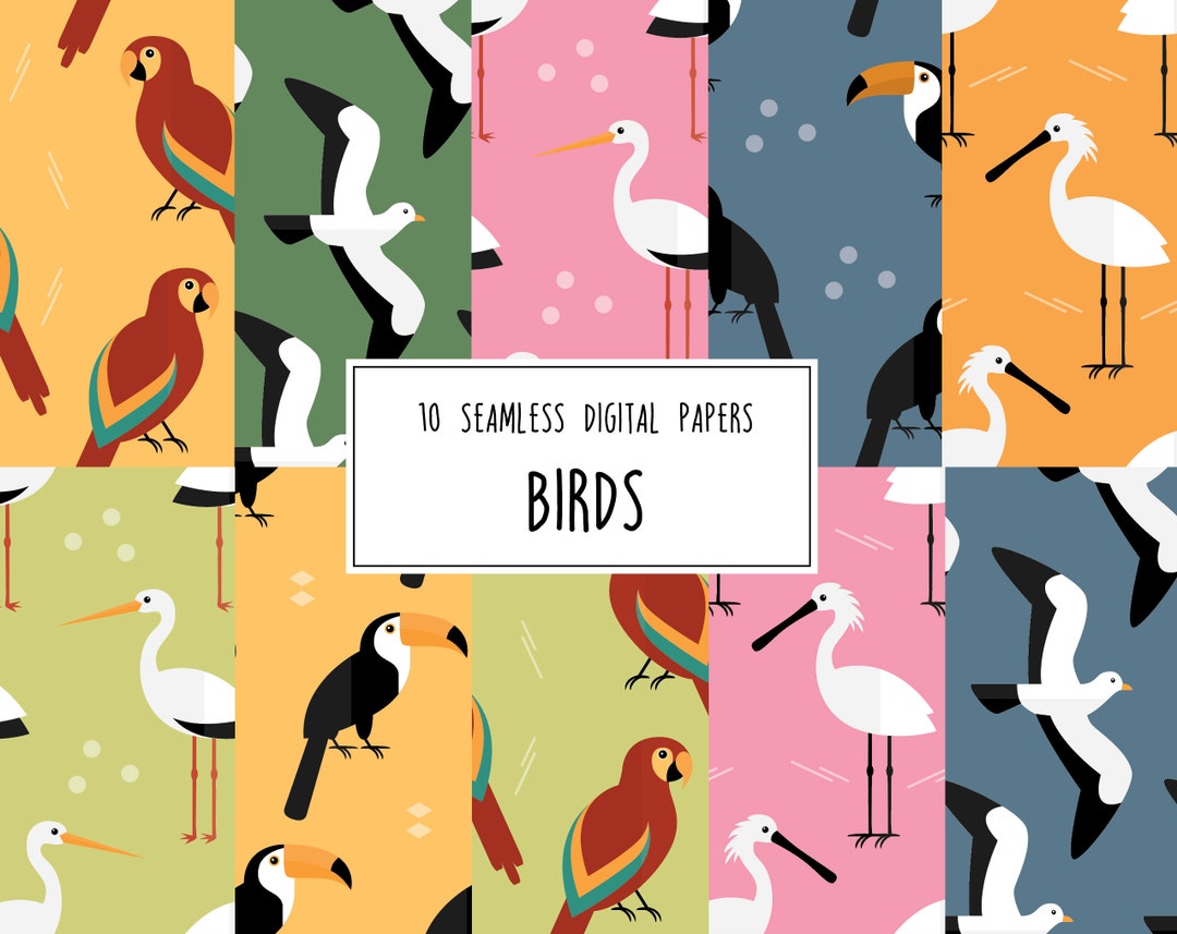 10 Birds Animals Digital Papers, Seamless Pattern, Background ...