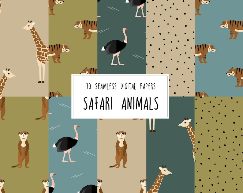 10 Safari Animals Digital Papers, Seamless Pattern, Background ...