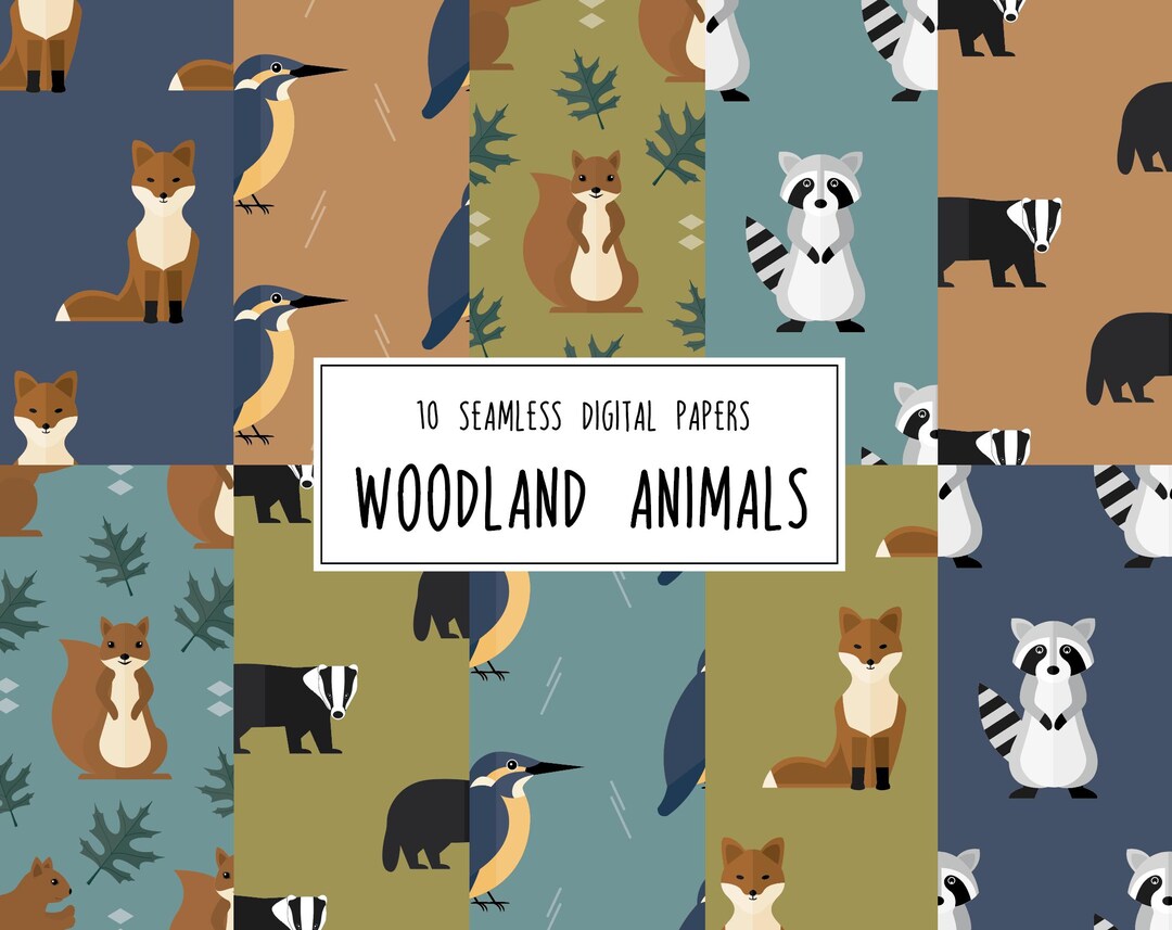 10 Woodland Animals Digital Papers, Seamless Pattern, Background ...
