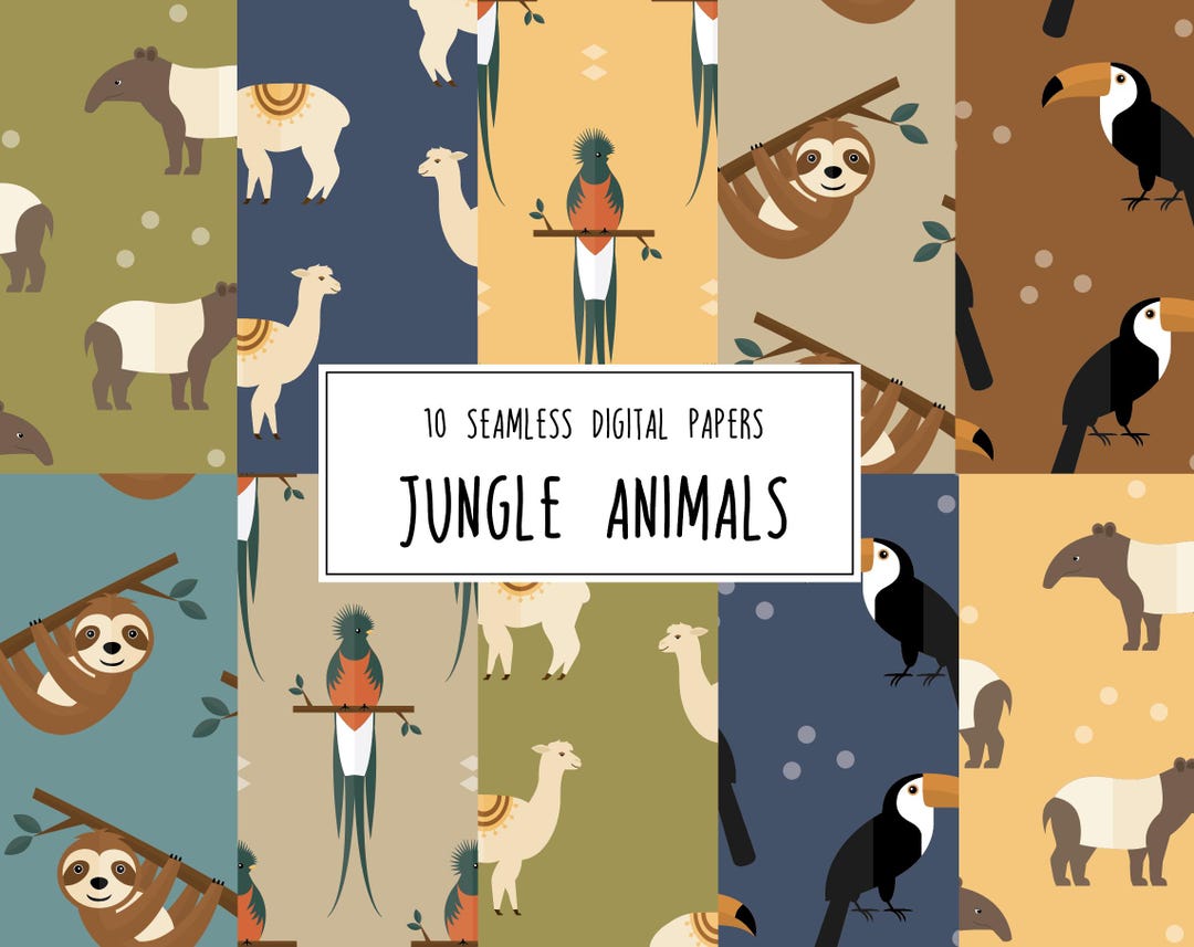 10 Jungle Animals Digital Papers, Seamless Pattern, Background ...