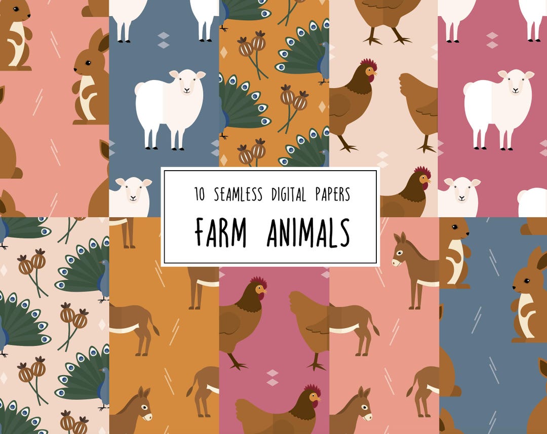 10 Farm Animals Digital Papers, Seamless Pattern, Background, Scrapbook ...