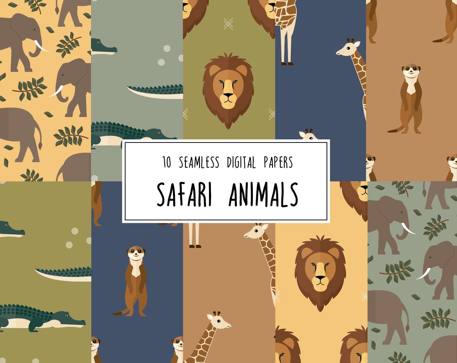 Safari Animals Digital Paper Set: Seamless Elephant, Lion, Crocodile ...