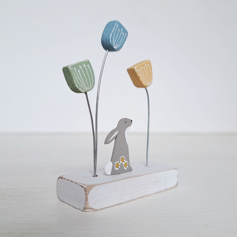 Tiny Handmade Nature Inspired Wooden Gift With Flowers and Hare, Yellow ...