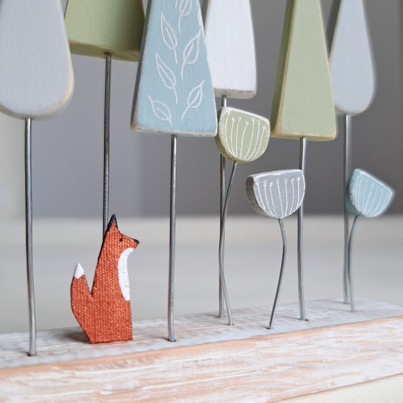Tiny Foxy With Blue and Green Wooden Trees and Flowers, Handmade ...