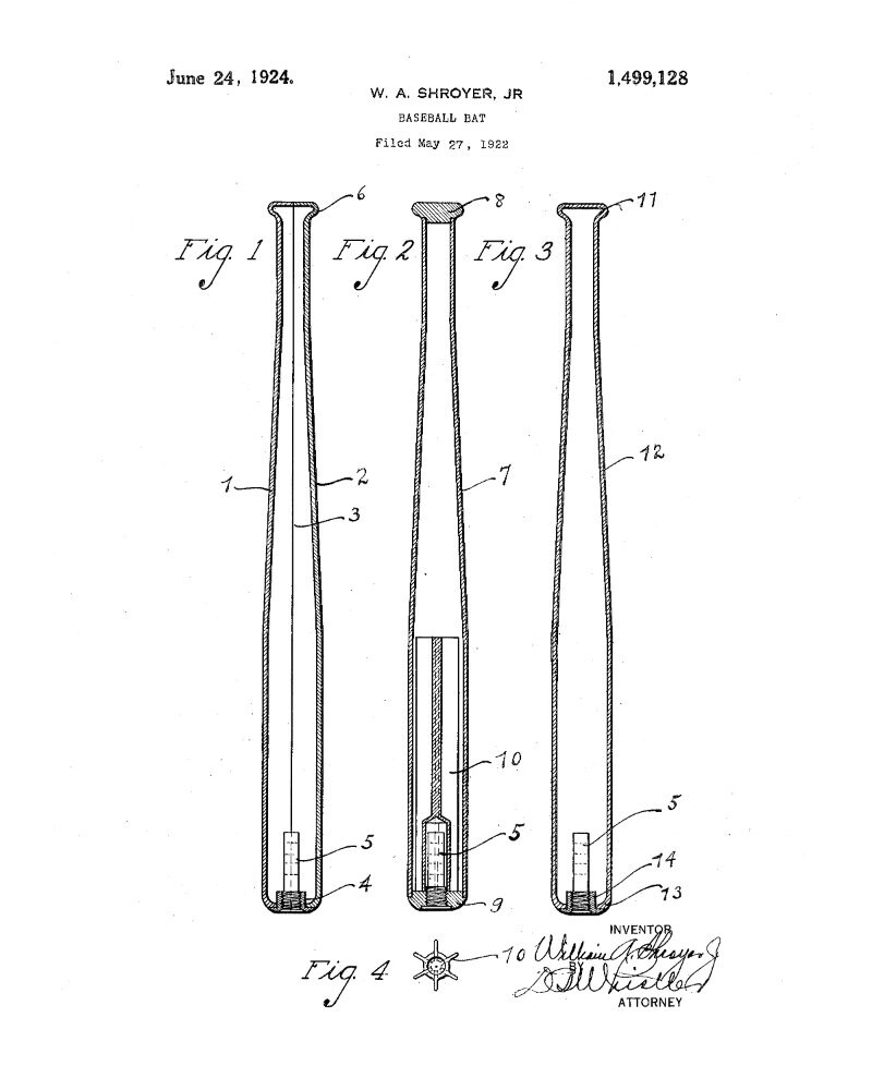 Baseball Bat 1924 Original Patent Print Blueprint Drawing Vintage Wall ...
