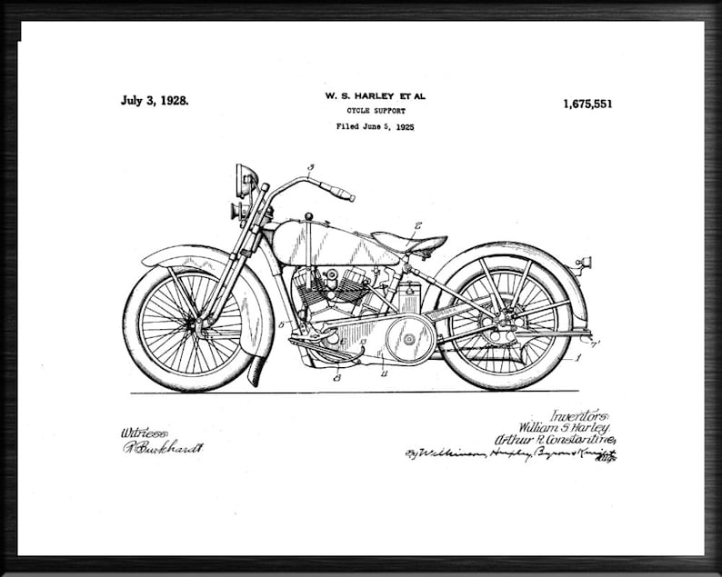 Harley Motorcycle 1928 Original Patent Print Blueprint Drawing Vintage ...