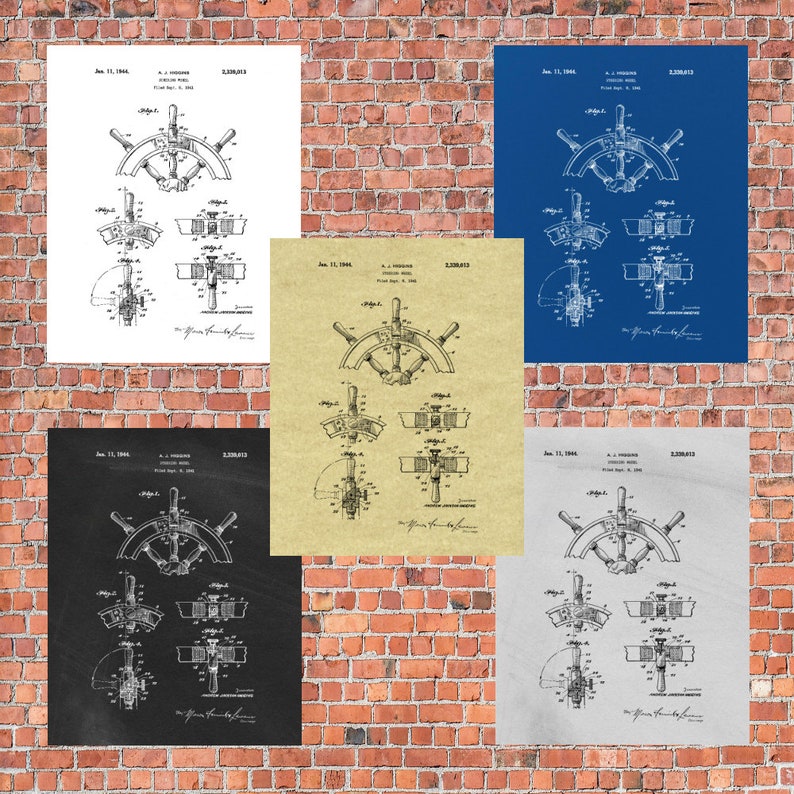 Ships Wheel Original Patent Print Blueprint Drawing Vintage Retro Wall ...