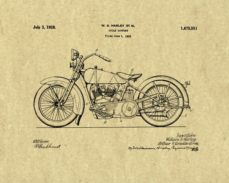 Harley Motorcycle 1928 Original Patent Print Blueprint Drawing Vintage ...