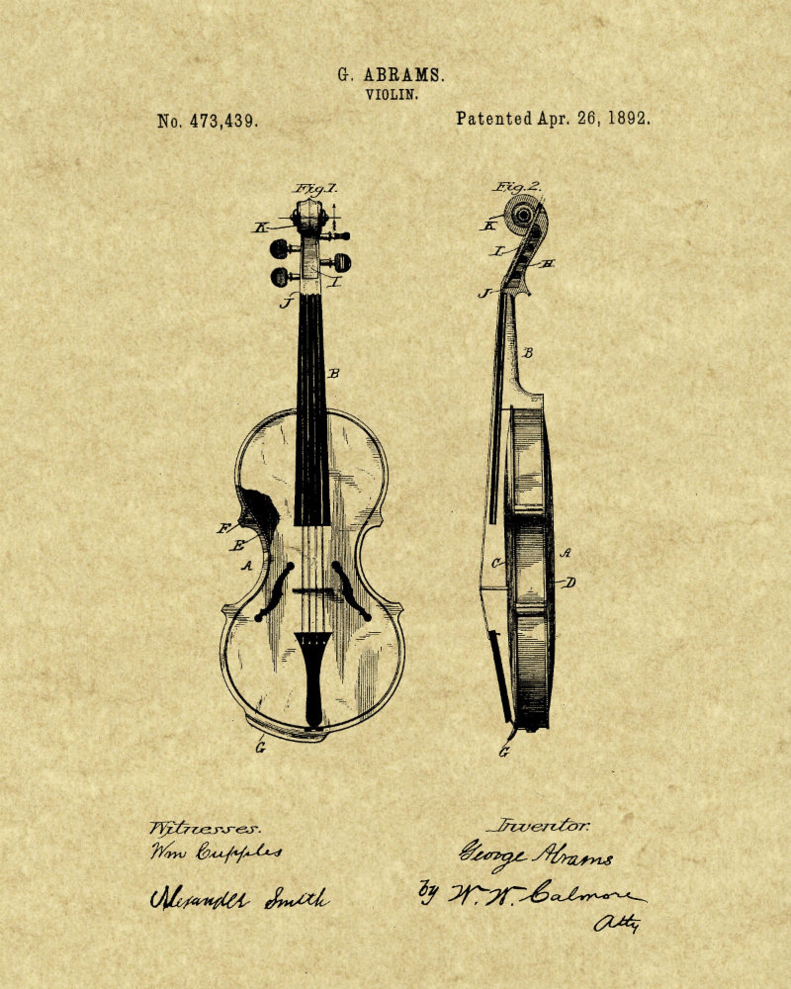 Violin 1892 Original Patent Print Blueprint Drawing Abrams - Etsy Israel