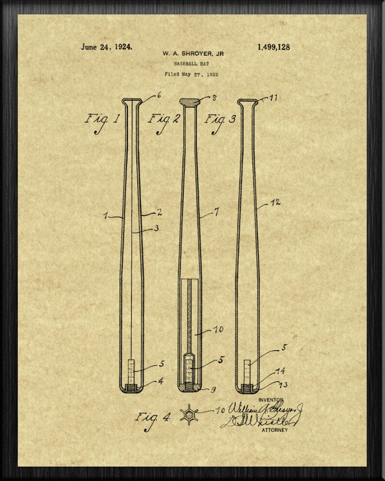 Baseball Bat 1924 Original Patent Print Blueprint Drawing | Etsy