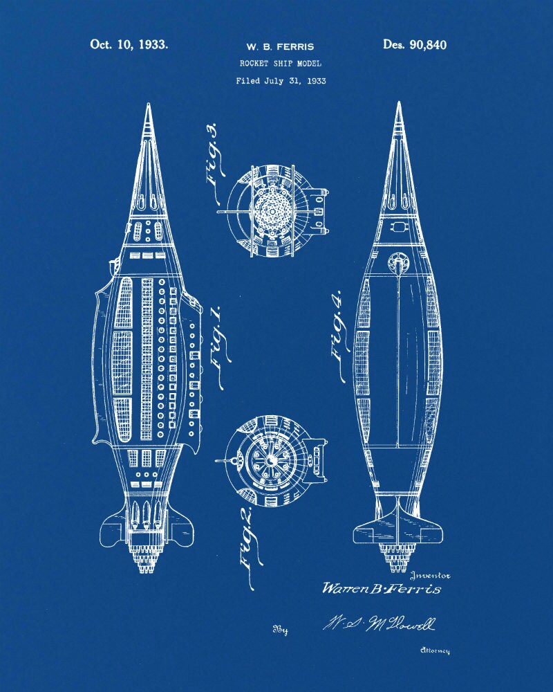 Rocket Ship Model 1933 Original Patent Print Blueprint Drawing 1900s ...
