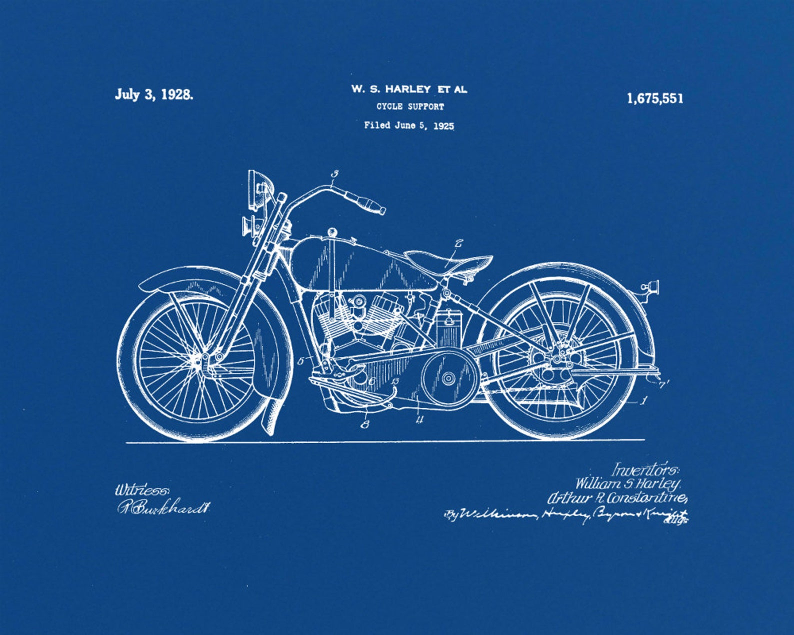 Harley Motorcycle 1928 Original Patent Print Blueprint Drawing Vintage ...