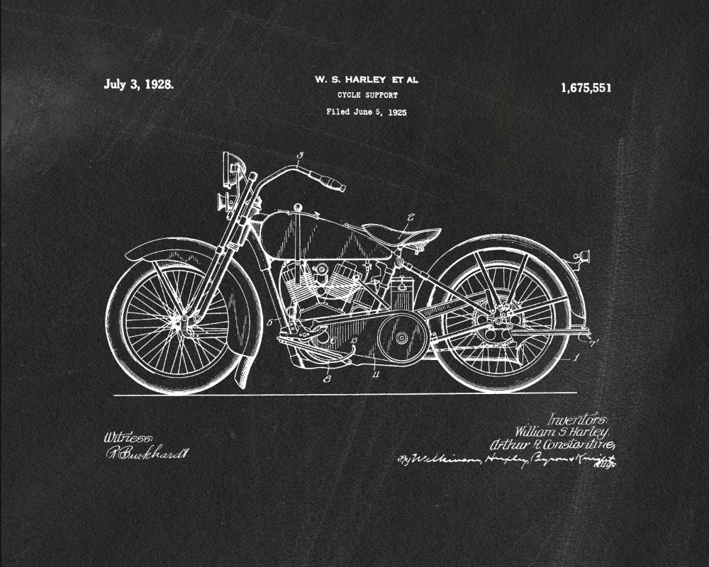 Harley Motorcycle 1928 Original Patent Print Blueprint Drawing Vintage ...
