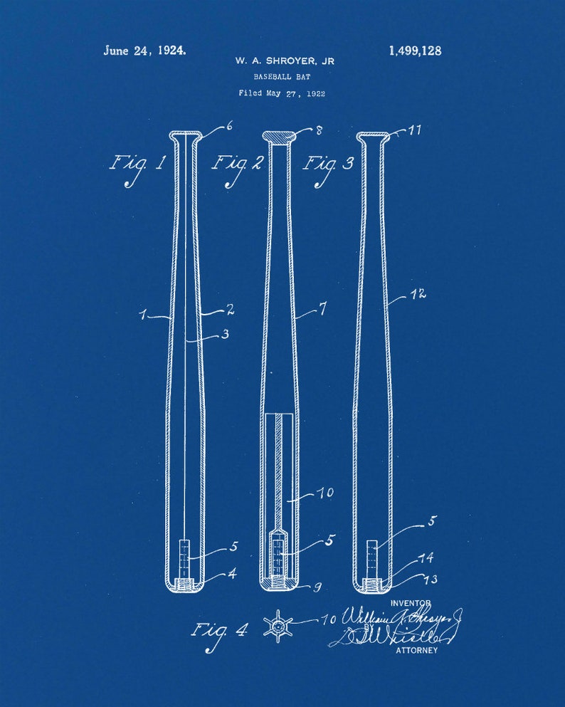 Baseball Bat 1924 Original Patent Print Blueprint Drawing | Etsy