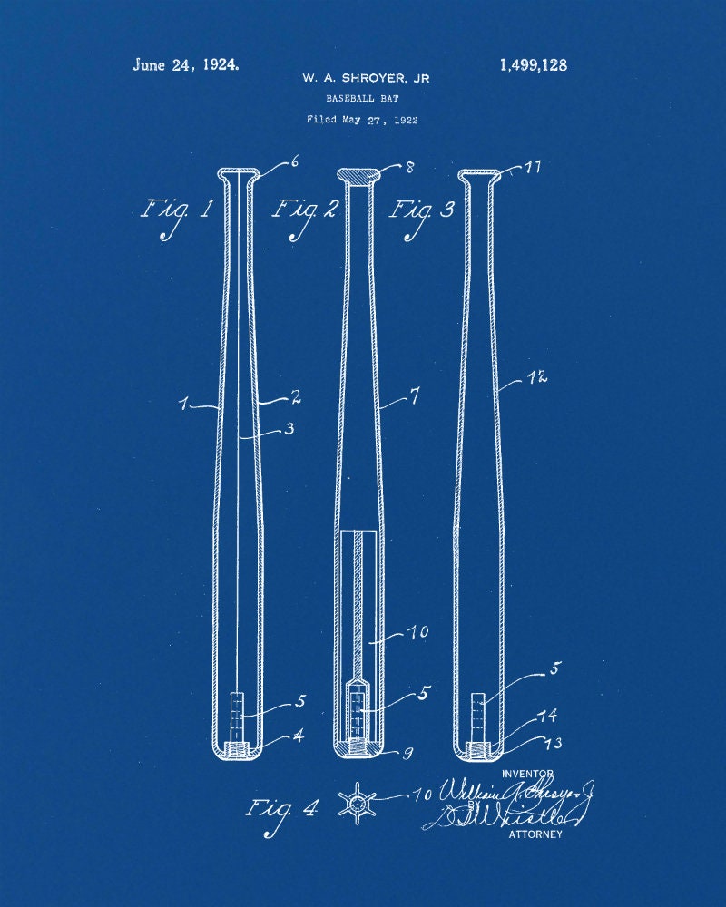 Baseball Bat 1924 Original Patent Print Blueprint Drawing - Etsy