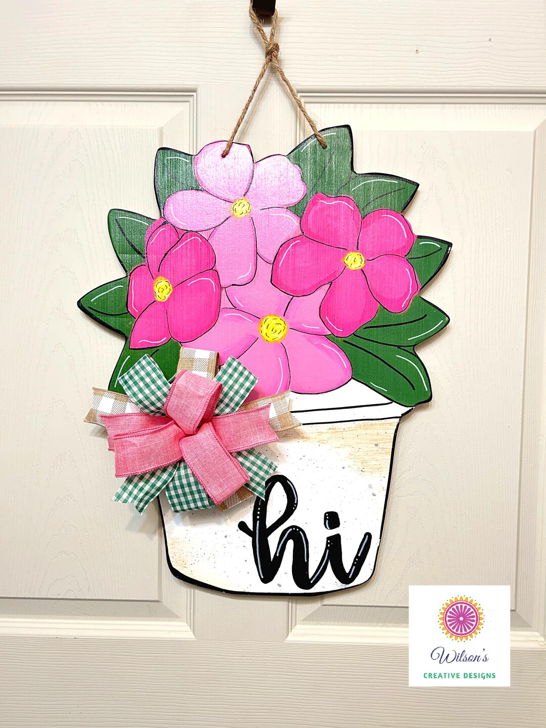 Flower Pot Door Sign, Flower Door Decor for Front Door, Hi Door Hanger ...