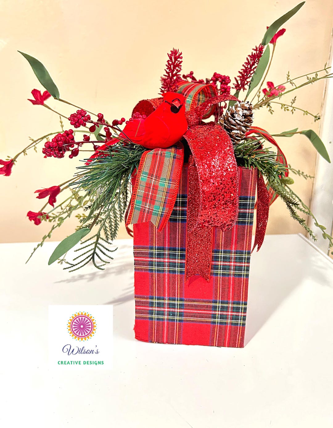 Plaid Gift Box With Red Cardinal Arrangement, Christmas Table ...