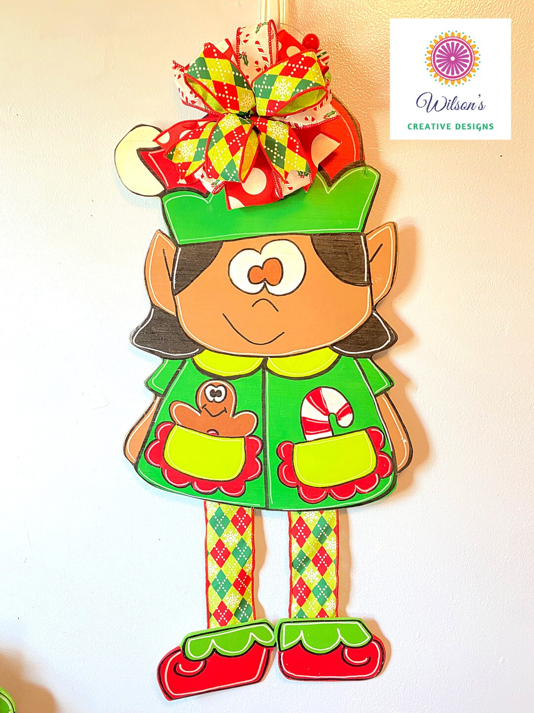 Elf Girl Door Hanger With Ribbon Legs, Christmas Door Hanger, Holiday ...