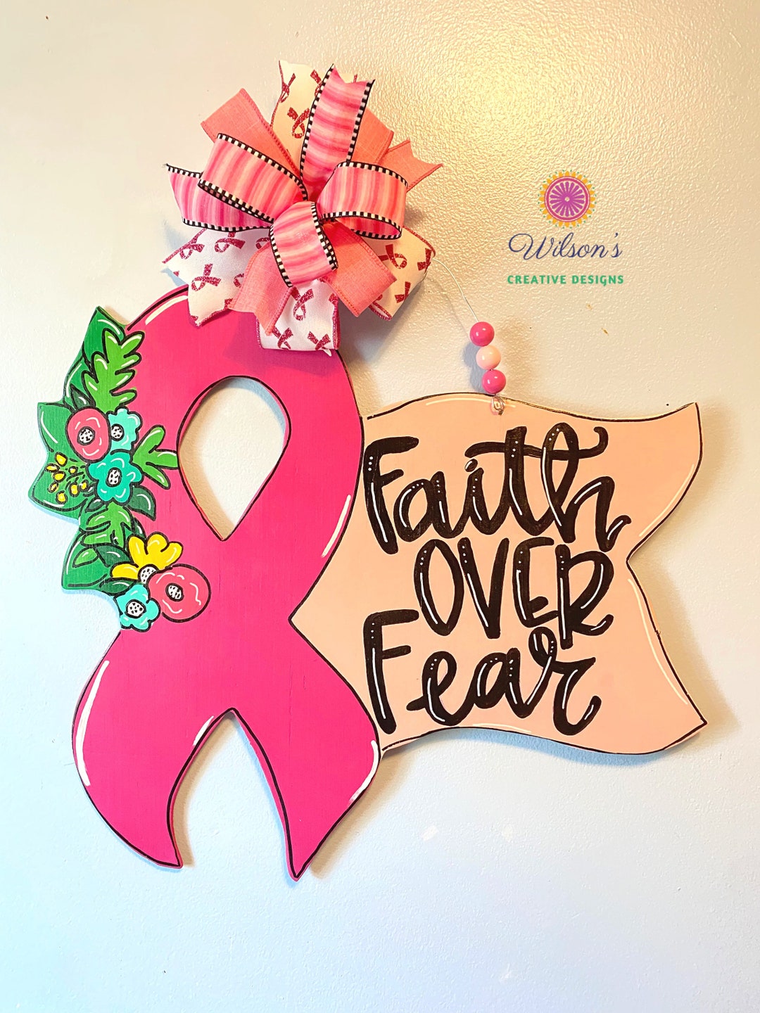Faith Over Fear Door Hanger, Breast Cancer Door Decor for Front Door ...