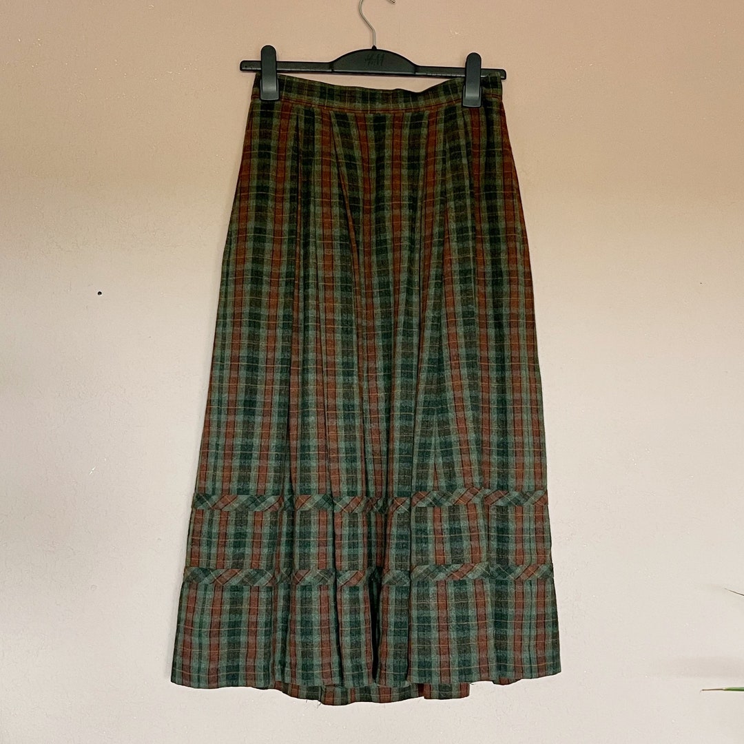 Wool Plaid Skirt With Pockets - Long Warm Dark Green Brown Tartan Skirt ...