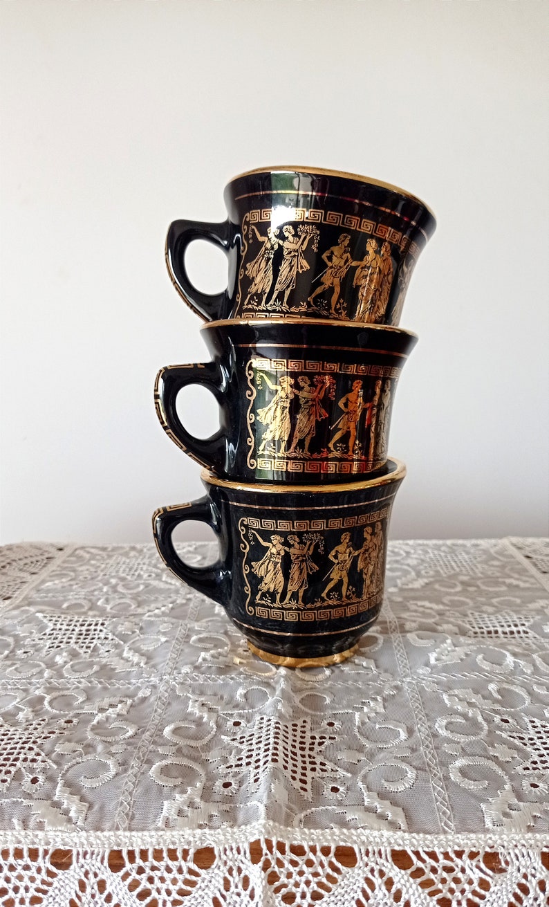 Set of Three Vintage Handmade Large Ceramic Mugs Decorated With Ancient ...