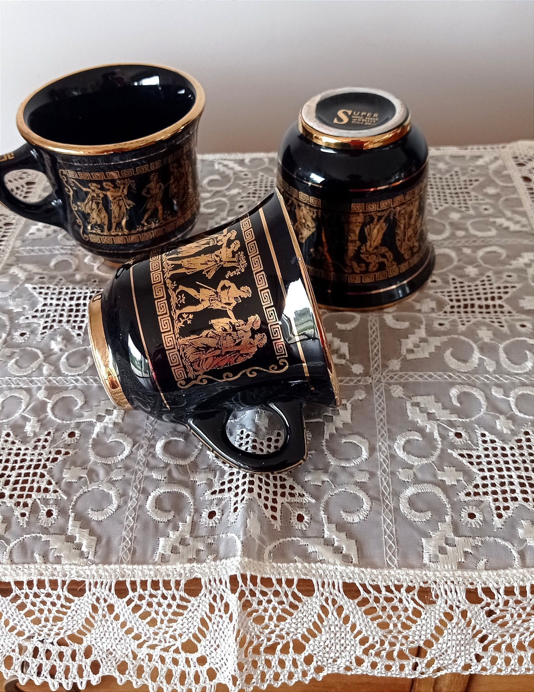 Vintage Handmade Large Ceramic Mugs Set of Three, Ancient Greek Scenes ...