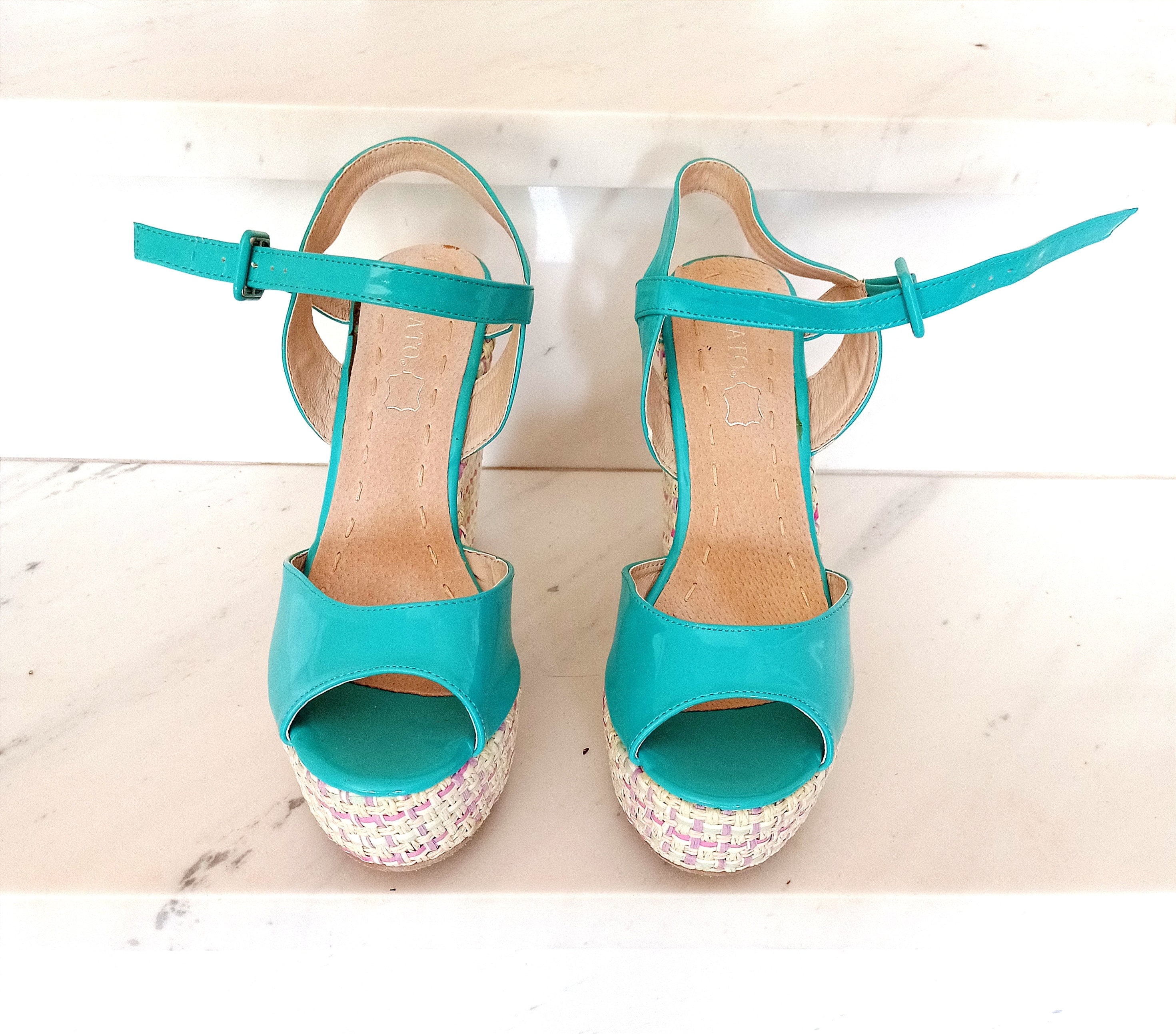 Y2K Ultra High Turquoise Platform Sandals, Colourful Straw Platform ...