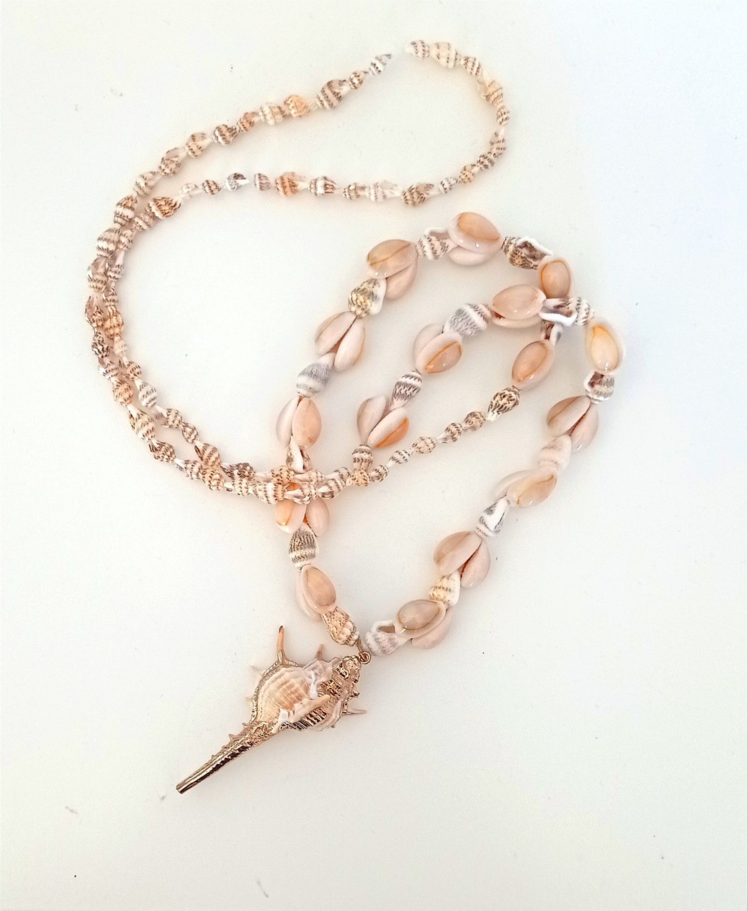 Long Handmade Boho Natural Shells Statement Necklace, Goldplated Shell ...