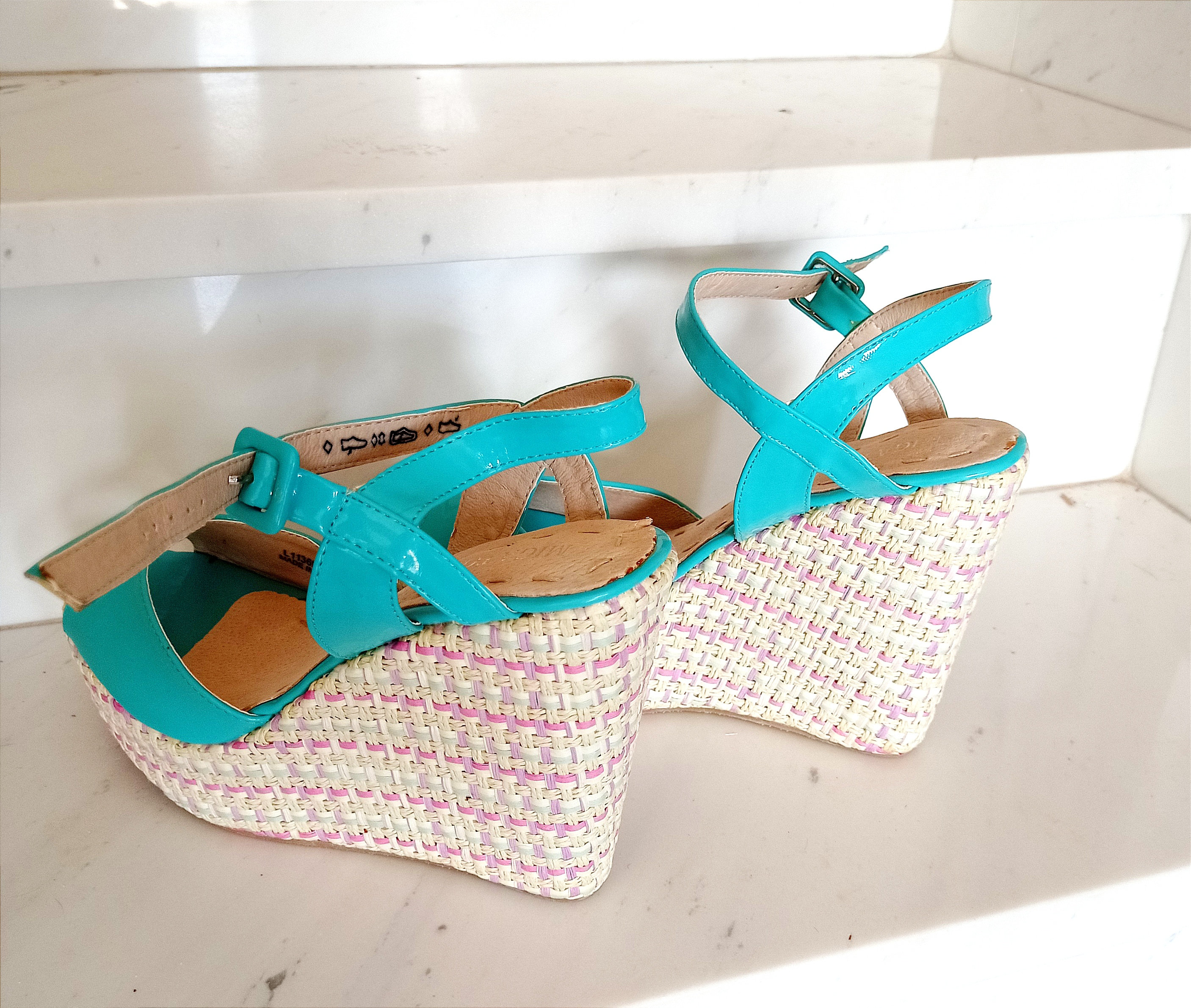 Y2K Ultra High Turquoise Platform Sandals, Colourful Straw Platform ...