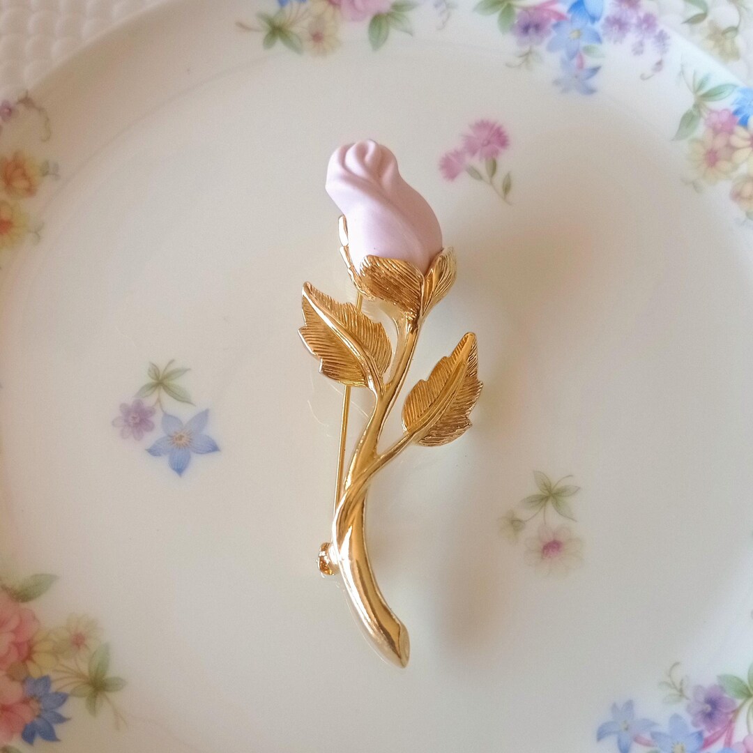 Vintage 1994 Avon Porcelain Rose Brooch, Gold Plated Stemmed Blossom ...