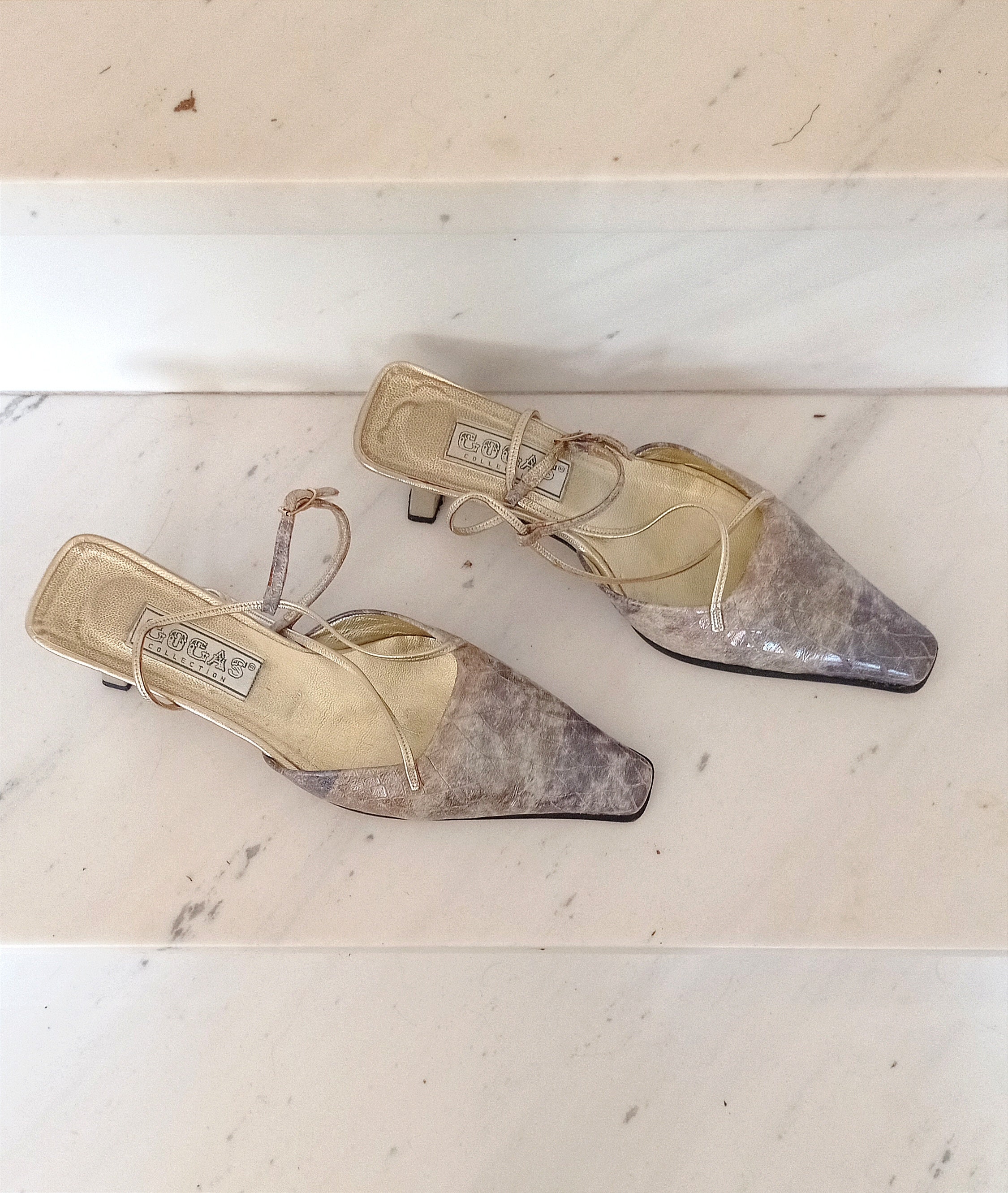 Vintage Handmade Statement Slingbacks From the '80s, EU 38 1/2 Low Heel Square Toe Pumps, Fine ...