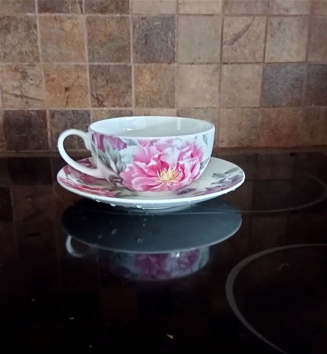 Vintage Crown Trend Bone China Wide Tea Cup and Saucer, Flowers ...