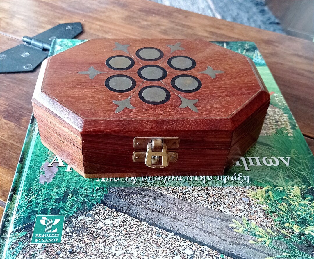 Vintage Octagonal Wooden Box With Inlaid Metallic Details, Made in the ...