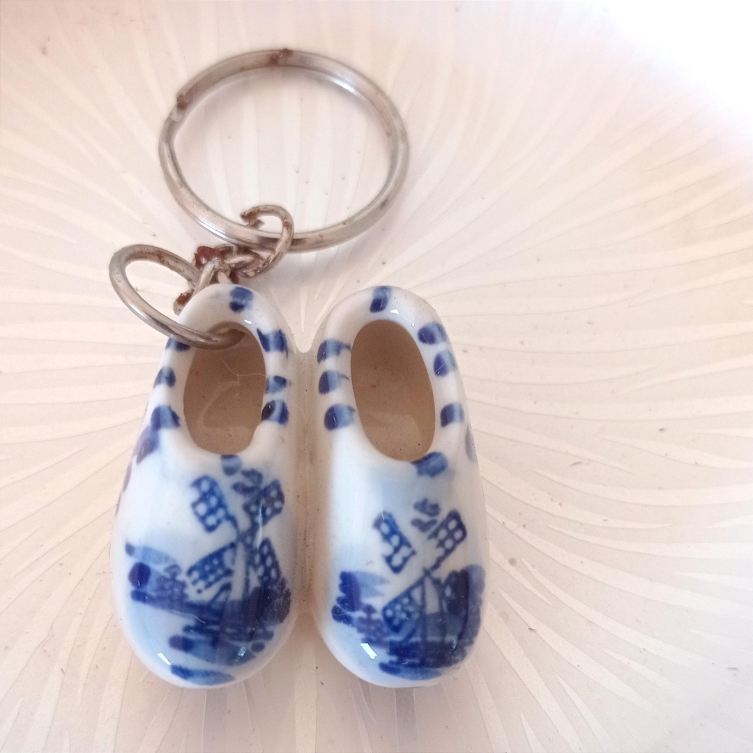 Vintage Porcelain Dutch Clogs Miniature Key Chain, Blue and White, Gift ...