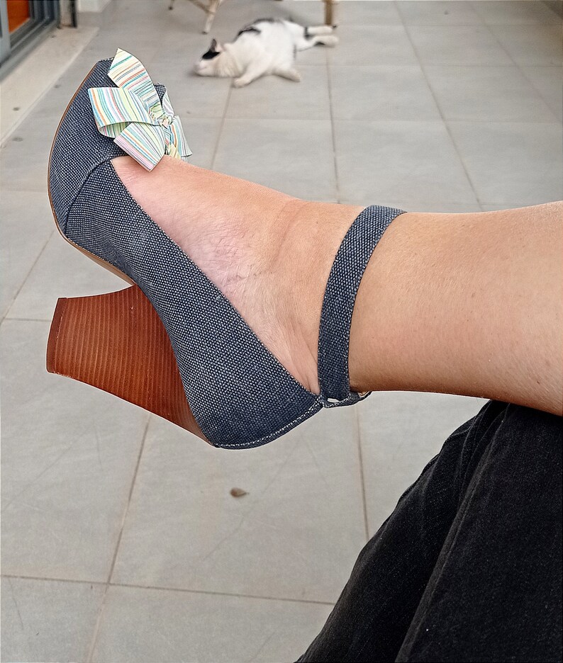 Vintage 90s Denim Peep Toe Shoes, Wooden Heel Super High Pumps, Size ...