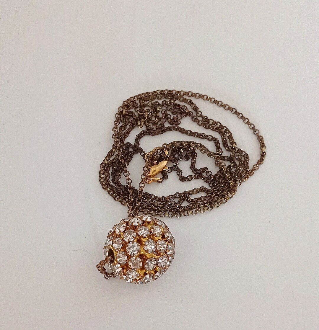 Vintage Bronze Tone Long Chain Necklace, Zirconia Disco Ball Pendant ...