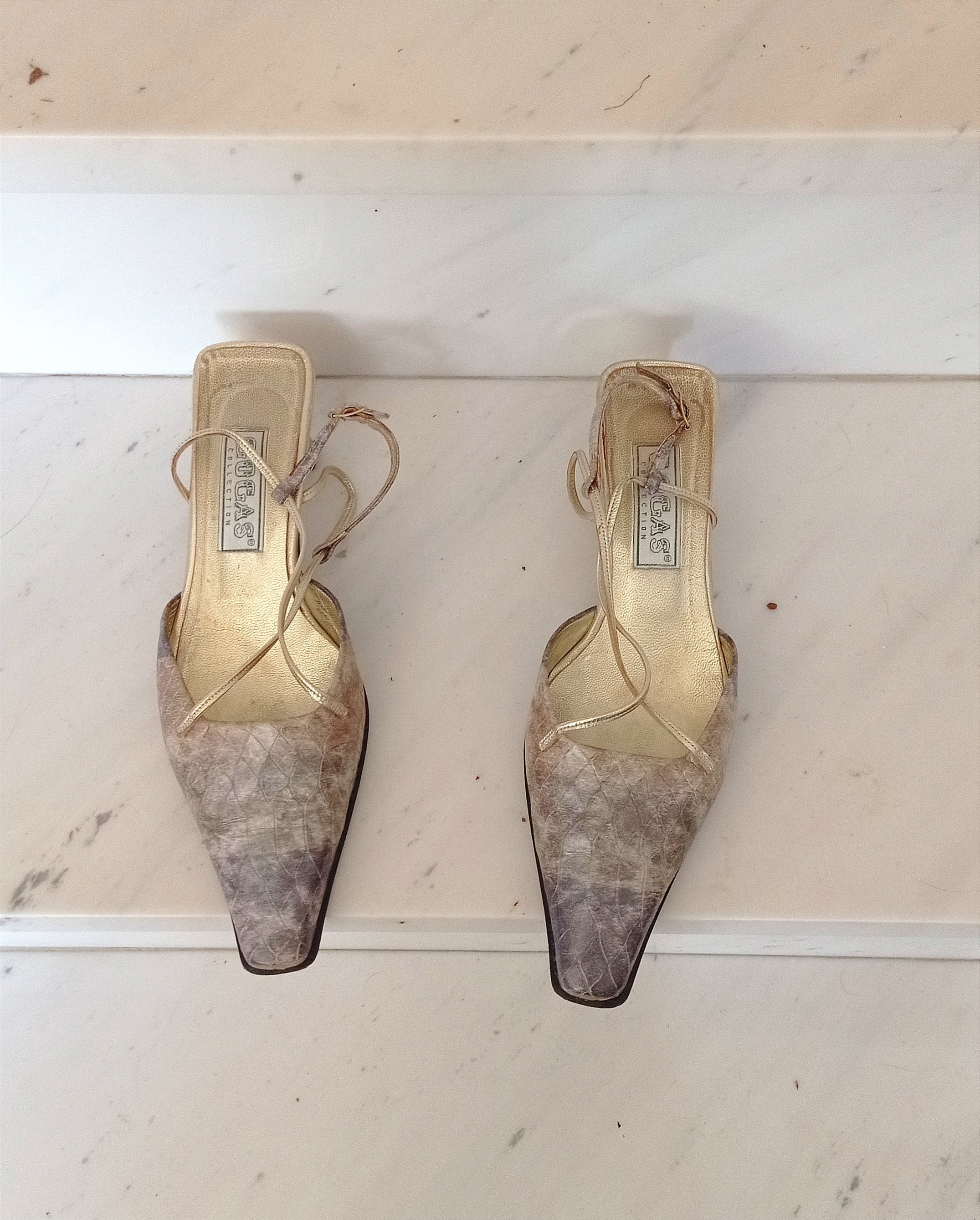 Vintage Handmade Statement Slingbacks From the '80s, EU 38 1/2 Low Heel Square Toe Pumps, Fine ...