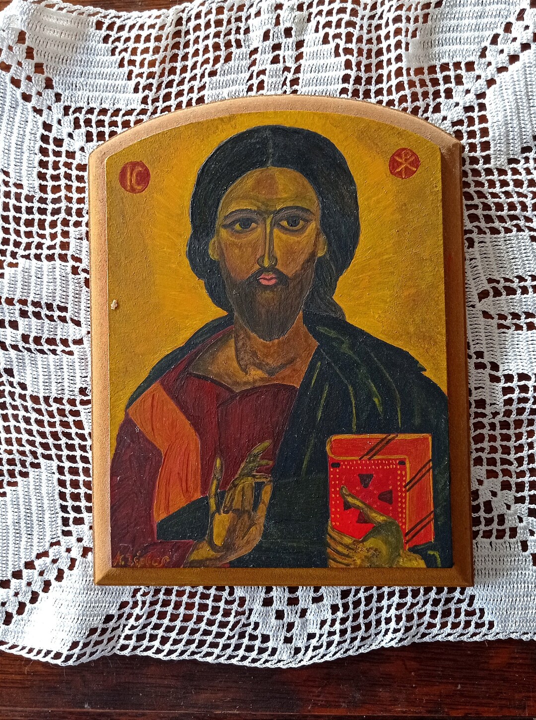 Vintage Signed Hand Painted Jesus Icon, Byzantine Art Copy, Self Taught ...