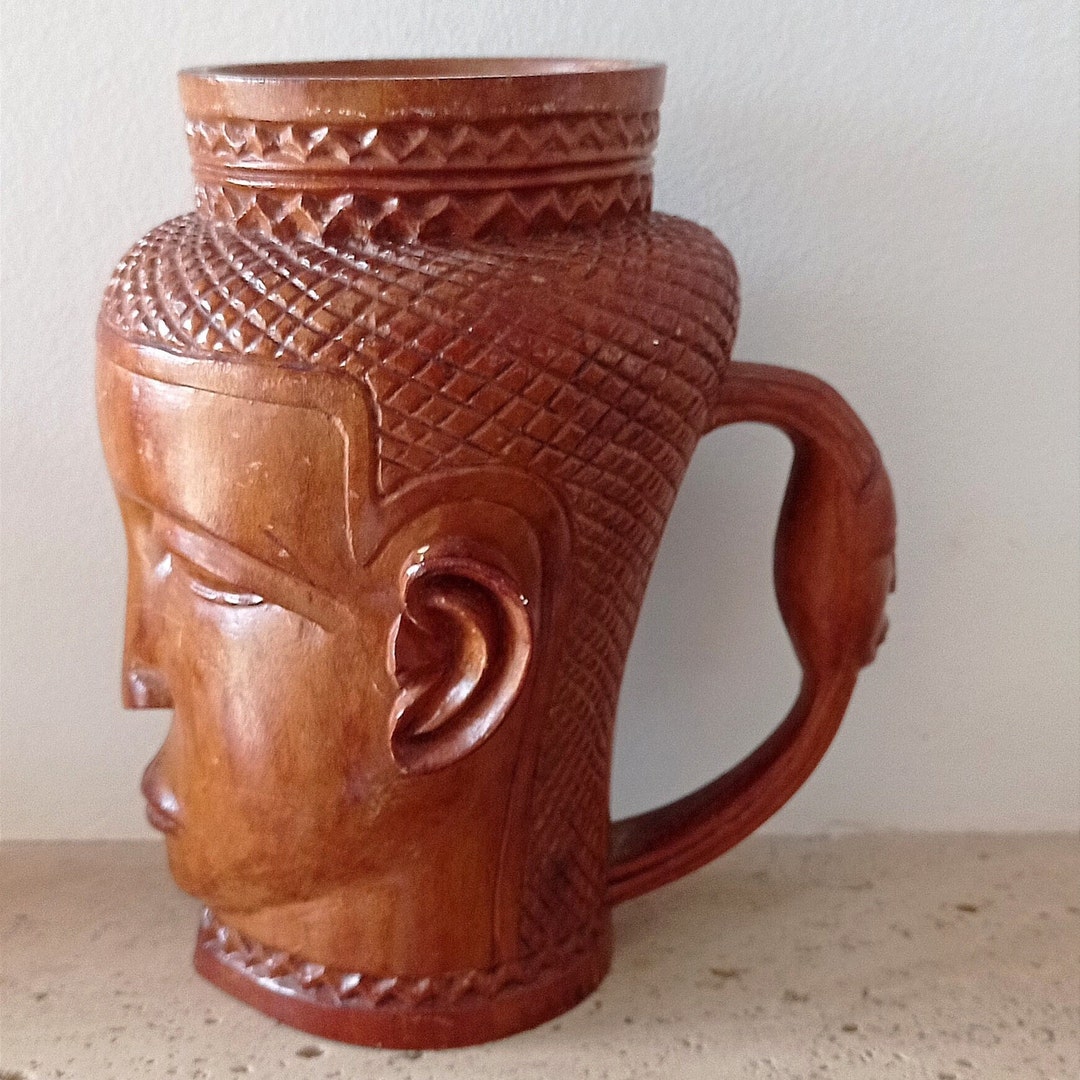 Rare Vintage African Wood Double Head Sculpture Mug, Collectible Old ...