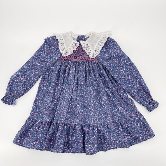 Polly Flinders Vintage Girls 6X Blue Floral Smocked P… - Gem