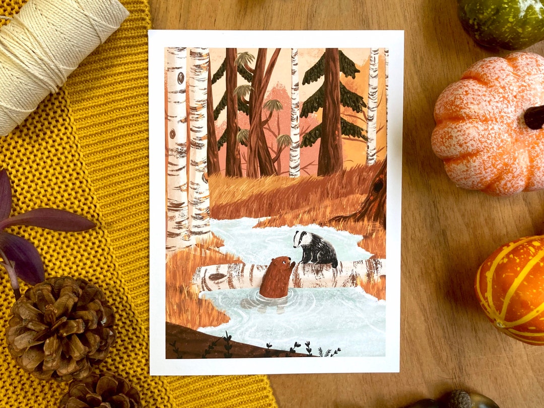 Beaver and Badger Friends - Original Illustration Print - Autumn, Fall ...